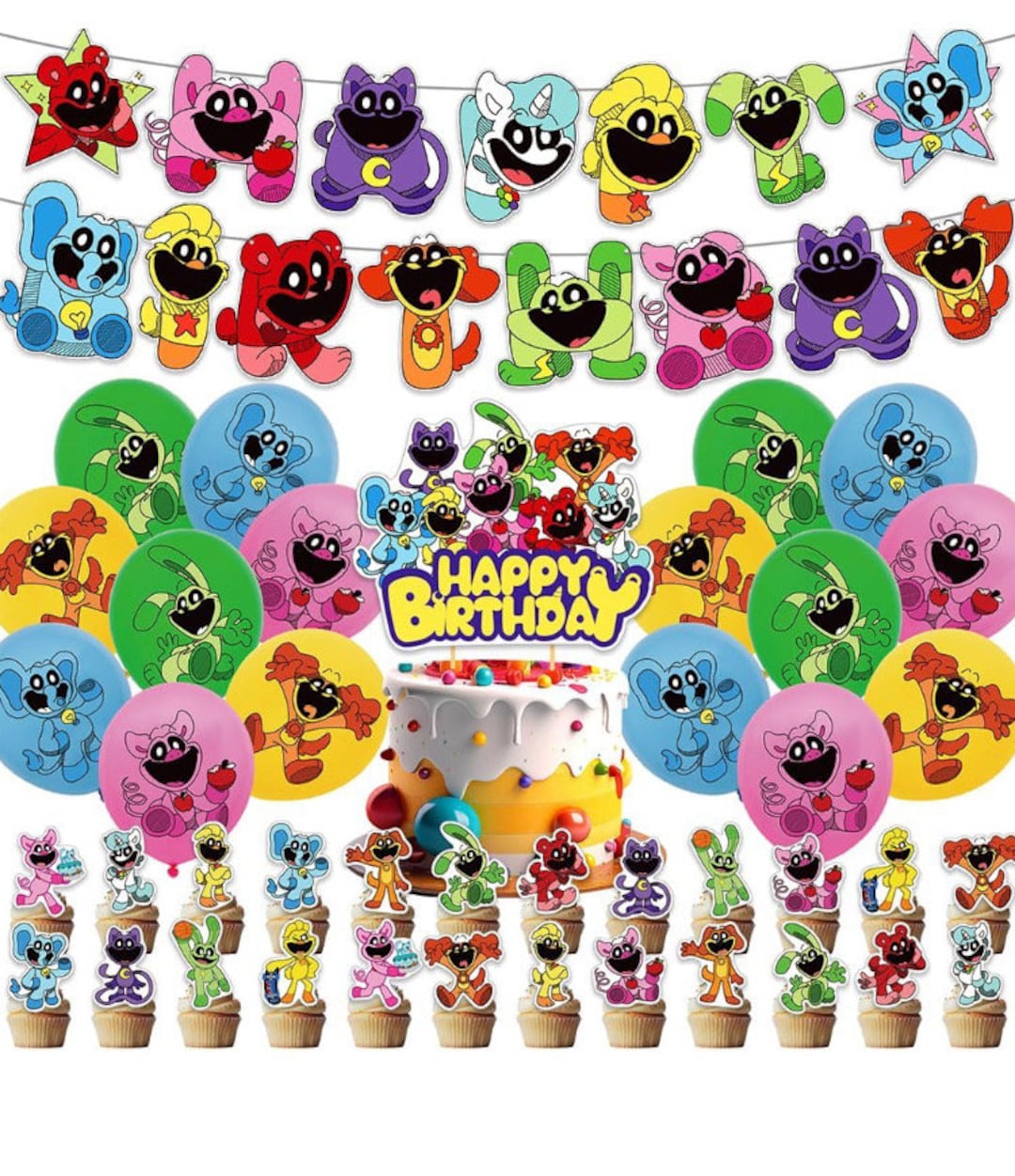 Poppy Playtime smiling Critters Designed Birthday Bunting, Cake Toppers ...