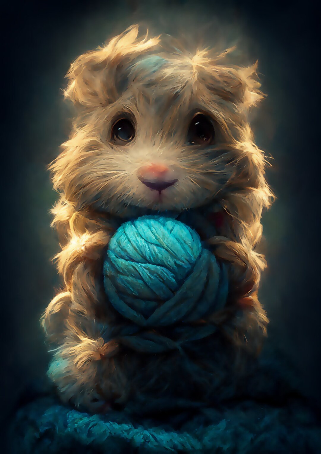 Furry Hamster Playing With a Ball of Blue Wool - Digitally Created AI ...