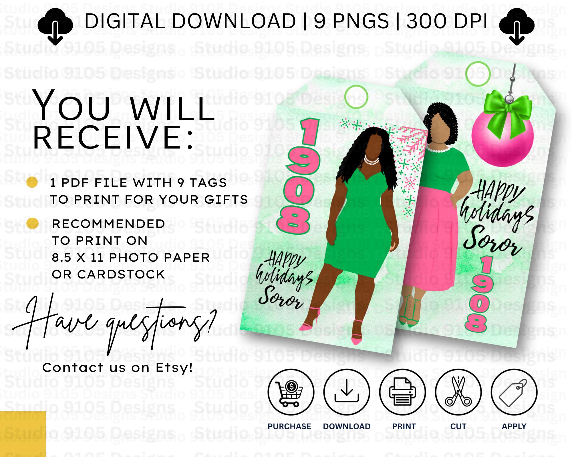 AKA Sorority Christmas Gift Tags, Pink & Green Holiday DIY Digital ...