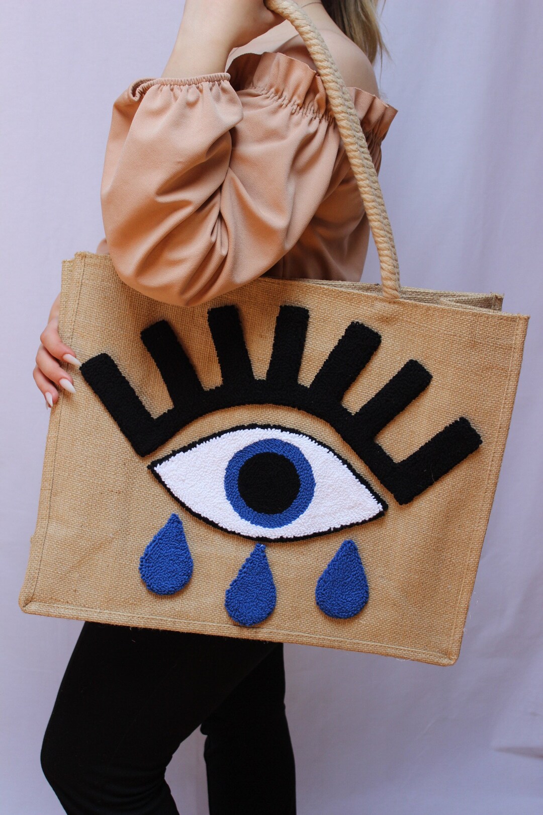 Large String Jute Evil Eye Tote Bag Punch Shoulder Baglucky - Etsy