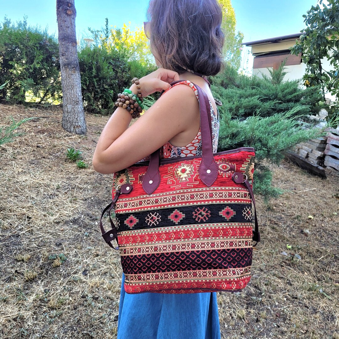 Leather Detail Red Tote Bag, Vintage Style Tote Turkish Bag, Kilim Bag ...