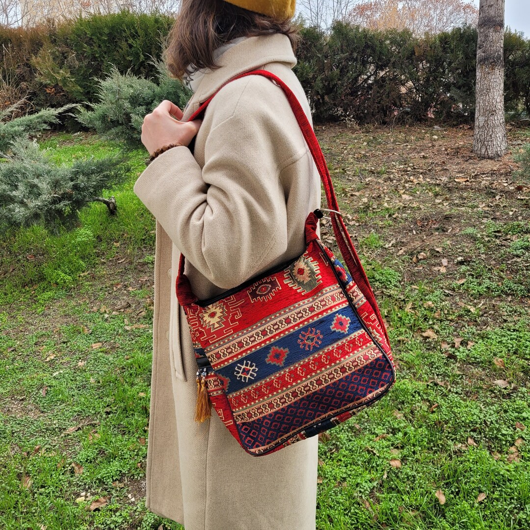 Ethnic Kilim Red Shoulder Bag Backpack, Vintage Style Ethnic Turkish ...