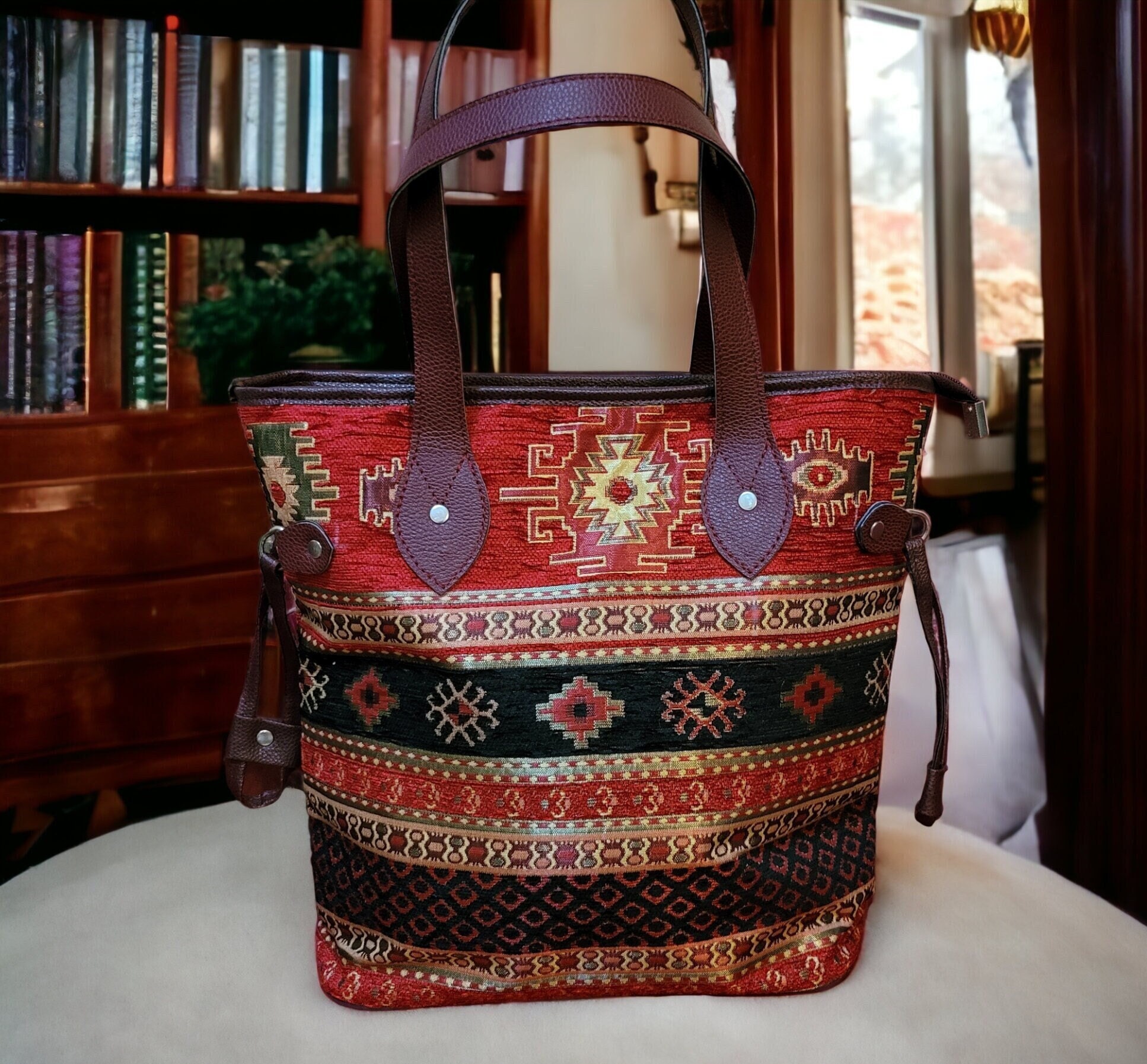Leather Detail Red Tote Bag, Vintage Style Tote Turkish Bag, Kilim Bag ...