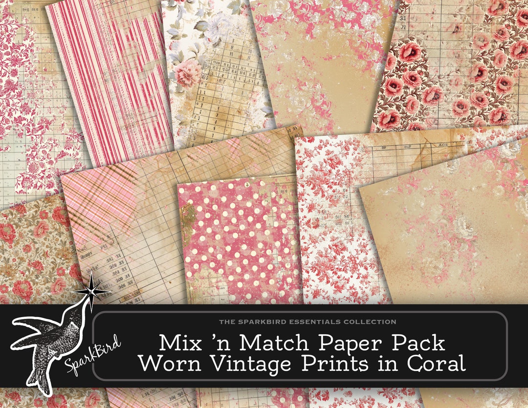 Vintage Coral Pink Ephemera Aged Digital Papers Journal Pages Kit ...