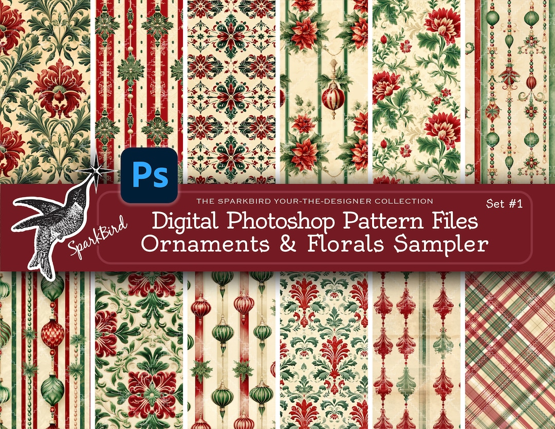 Vintage Christmas Seamless Stripe & Floral Photoshop Patterns. .PAT ...