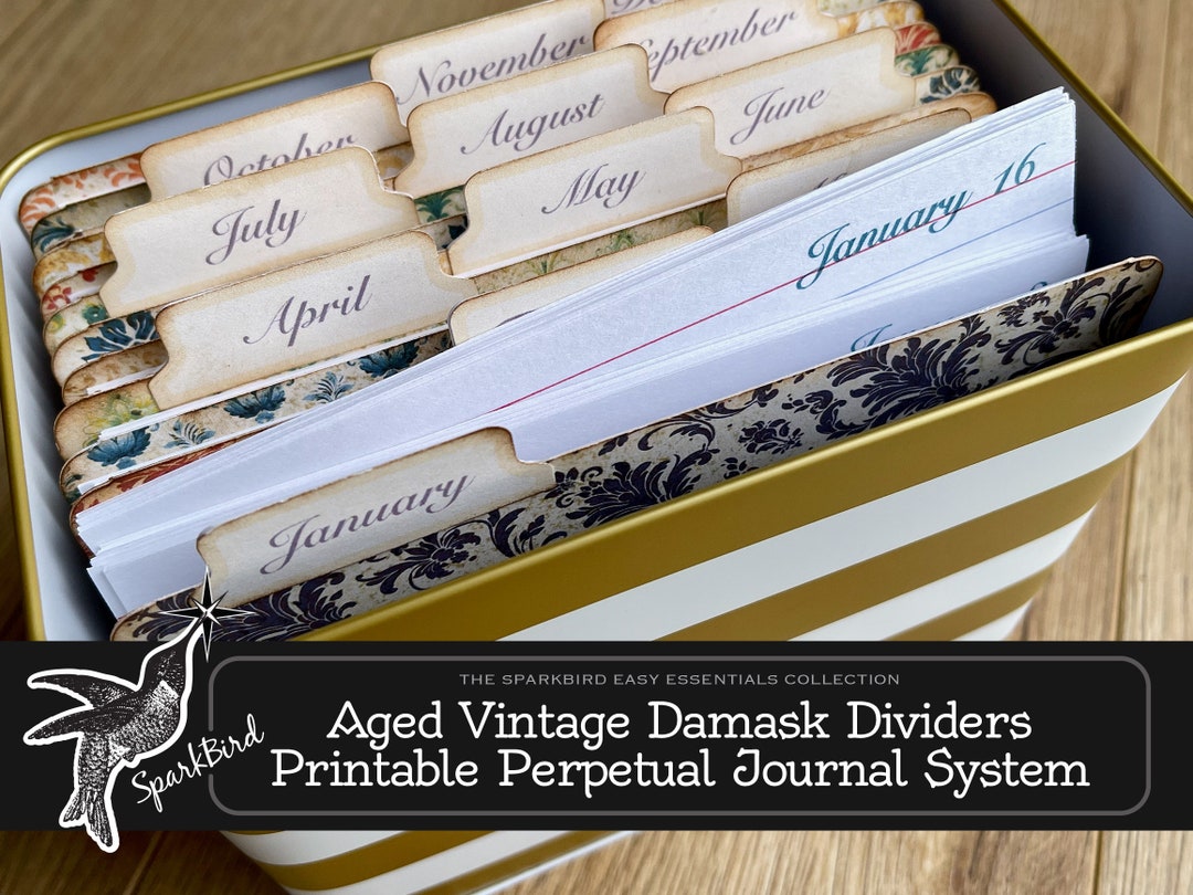 Printable Perpetual Journal Index Card System With Aged Vintage Damask ...