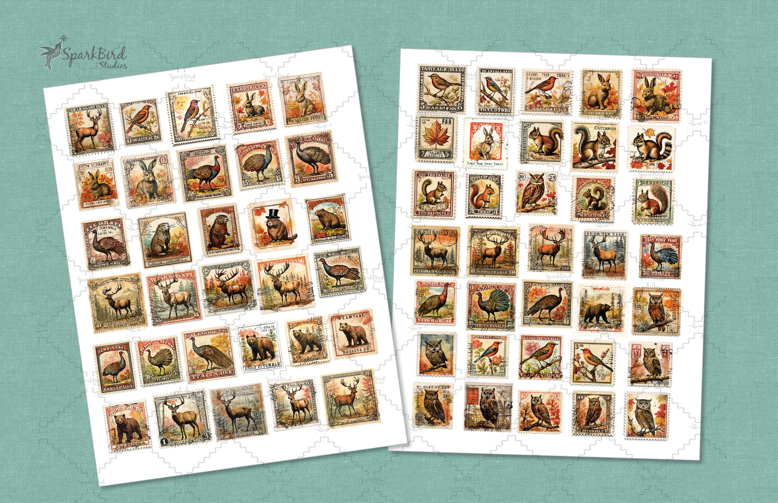 Vintage-style Printable Postage Stamps, 66 Forest Woodland Animal ...