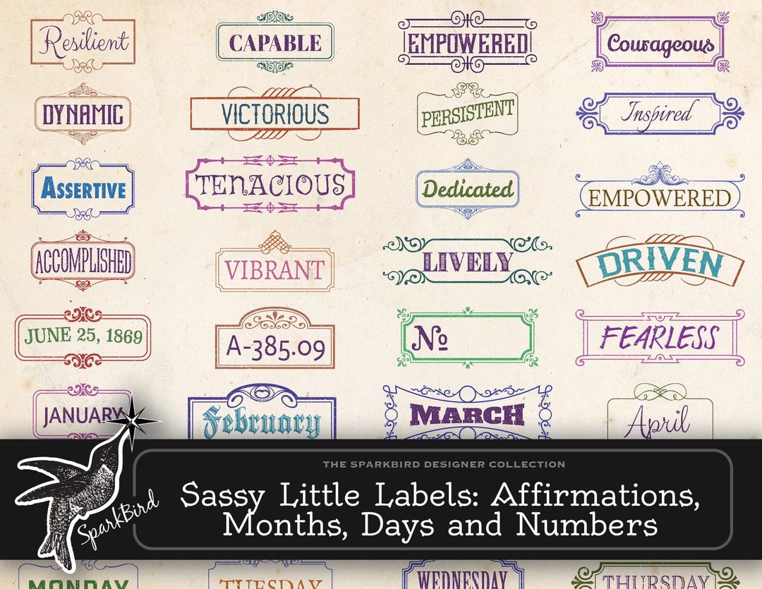 Sassy Vintage Style Affirmation Labels: Inspirational, Months, Days ...