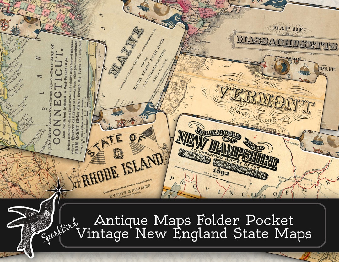 Antique Maps File Folder Kit for New England States, Digital Scrapbook ...