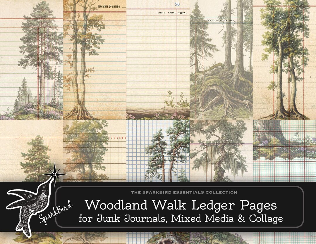 Woodland Walk Vintage Ledger Pages, Forest Journal Kit, Printable Trees ...