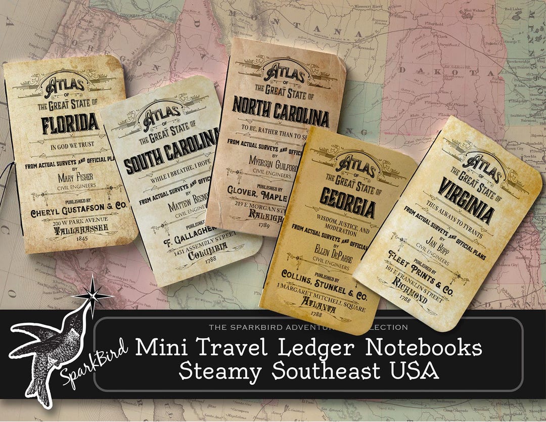 Vintage Travel Journal Map Atlas of Southeast USA States, EASY DIY Mini ...