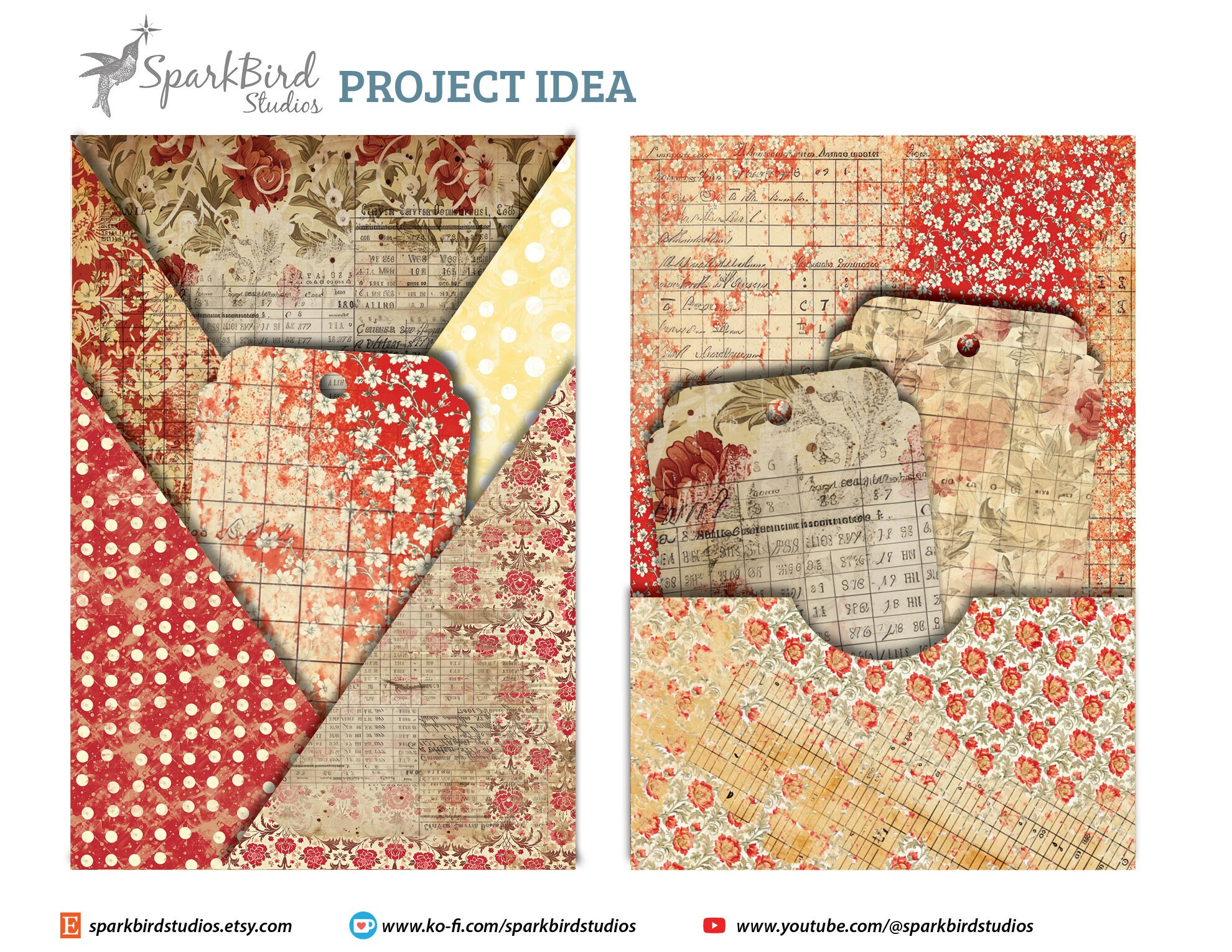 Vintage Red Printable Papers Digital Journal Pages Kit in Shabby Chic ...