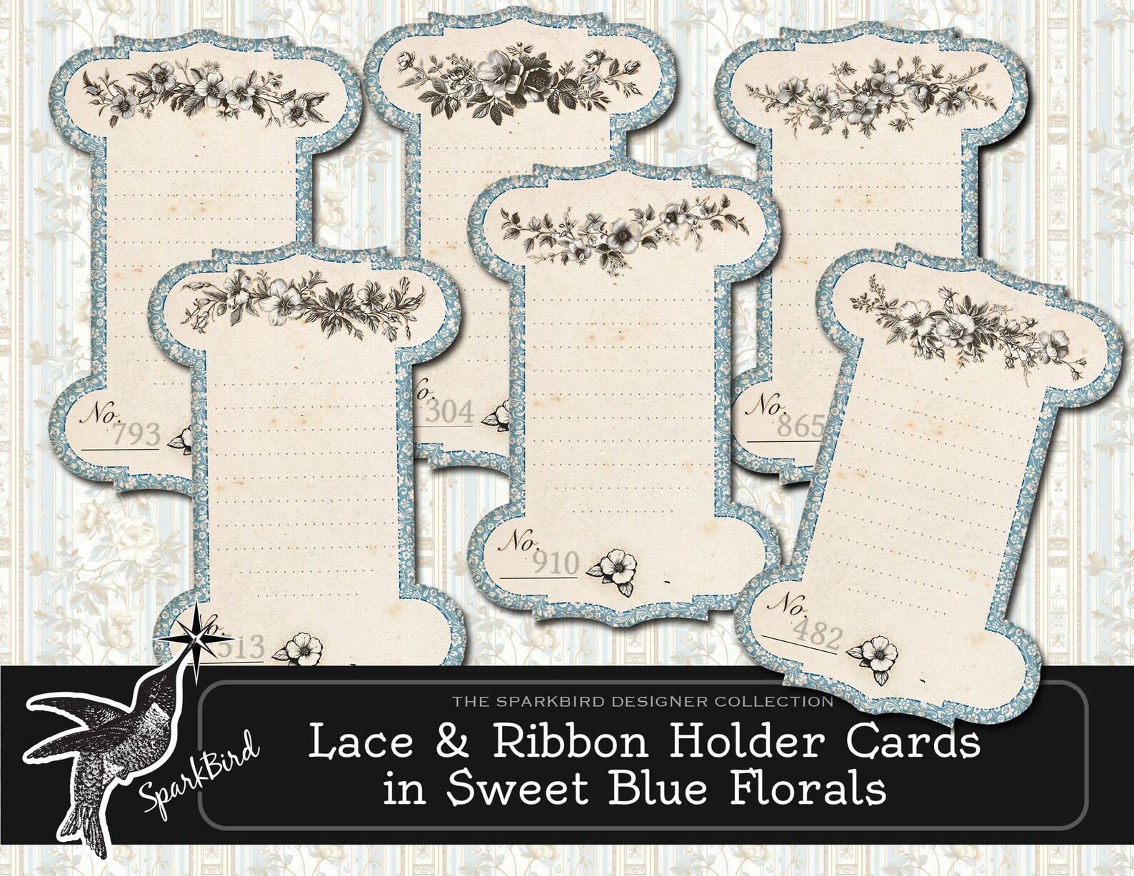 Blue Vintage Style Lace Spools & Ribbon Holder Cards or Tags. One or ...