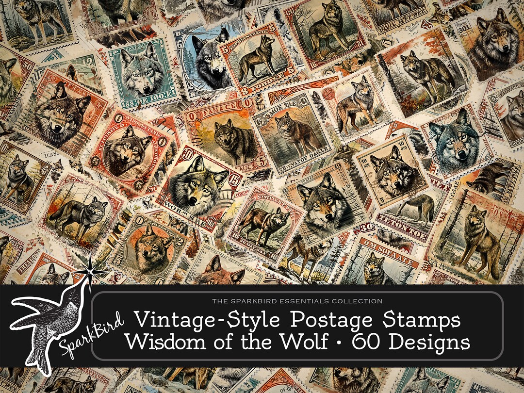 Vintage-style Printable Postage Stamps, Wolf Wisdom 60 Designs of ...