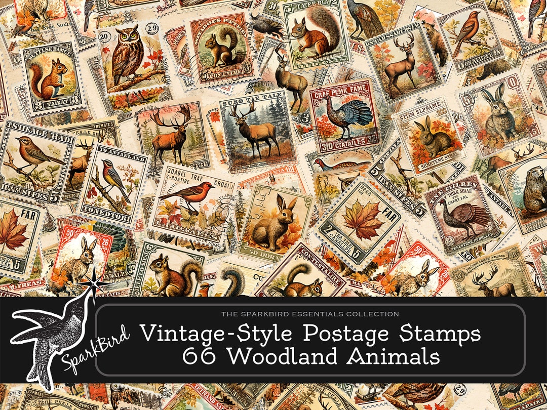 Vintage-style Printable Postage Stamps, 66 Forest Woodland Animal ...