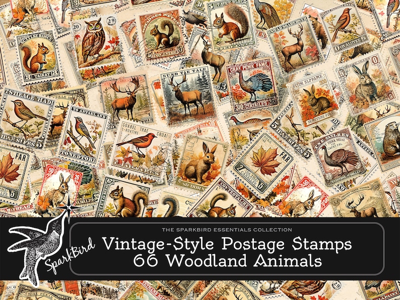 Vintage-style Printable Postage Stamps, 66 Forest Woodland Animal ...