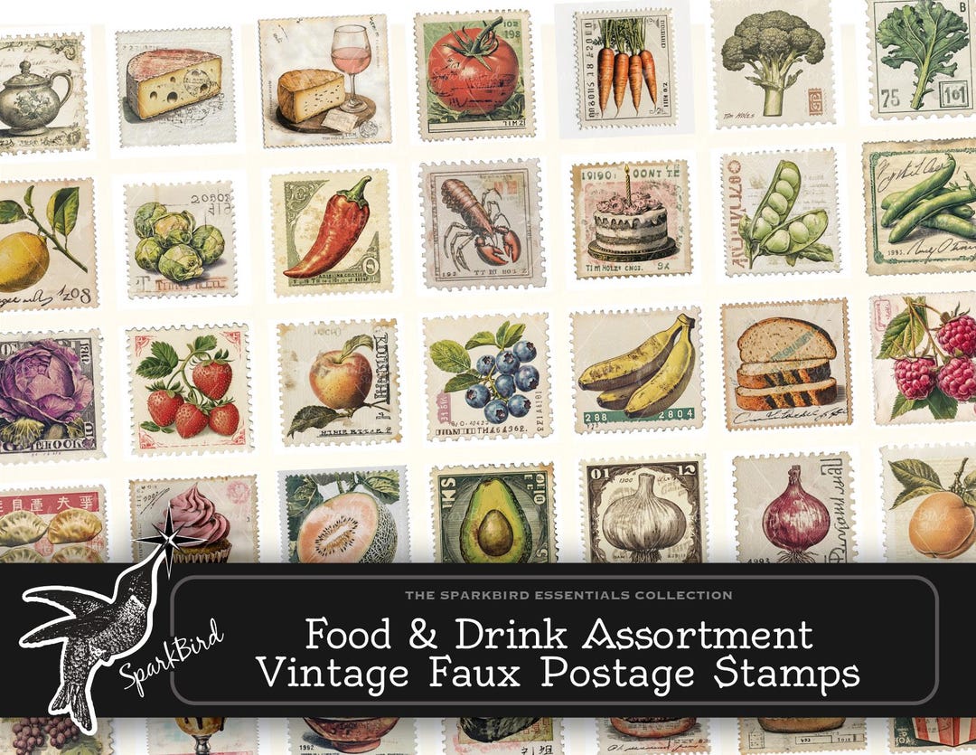 Vintage-style Printable Postage Stamps, 48 Assorted Food & Drink ...