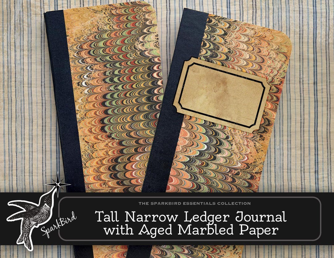 Tall Slim Vintage Style Ledger Journal With Warm Aged Hand-marbled ...