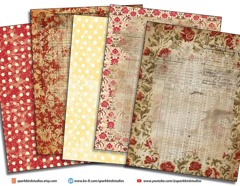 Vintage Red Printable Papers Digital Journal Pages Kit in Shabby Chic ...