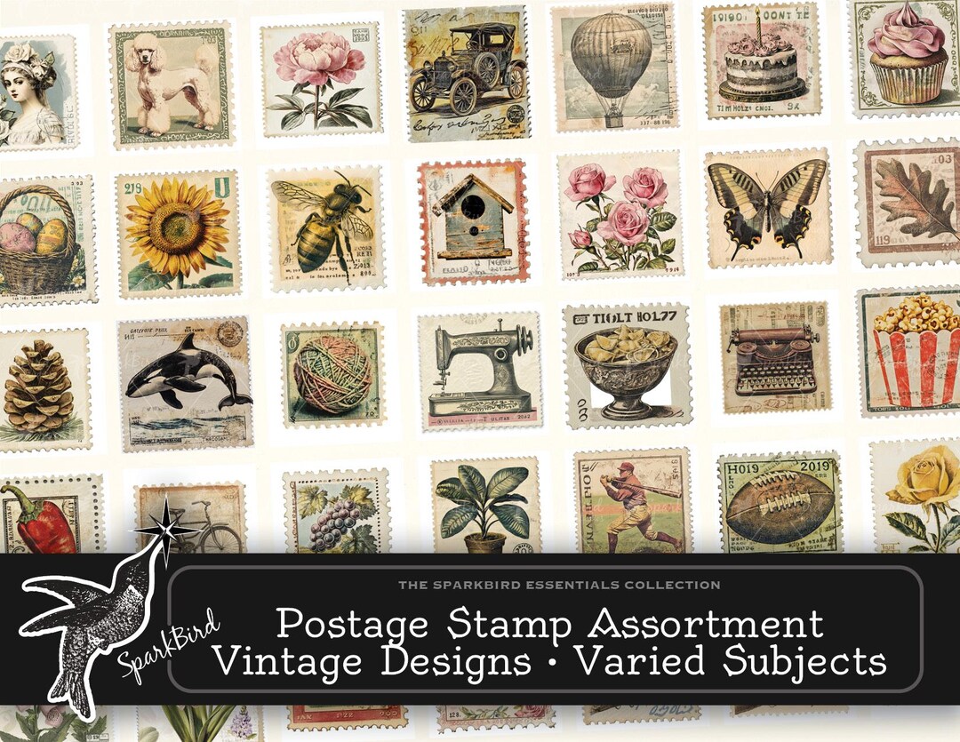 Vintage-style Printable Postage Stamps, 48 Assorted Designs Flowers ...