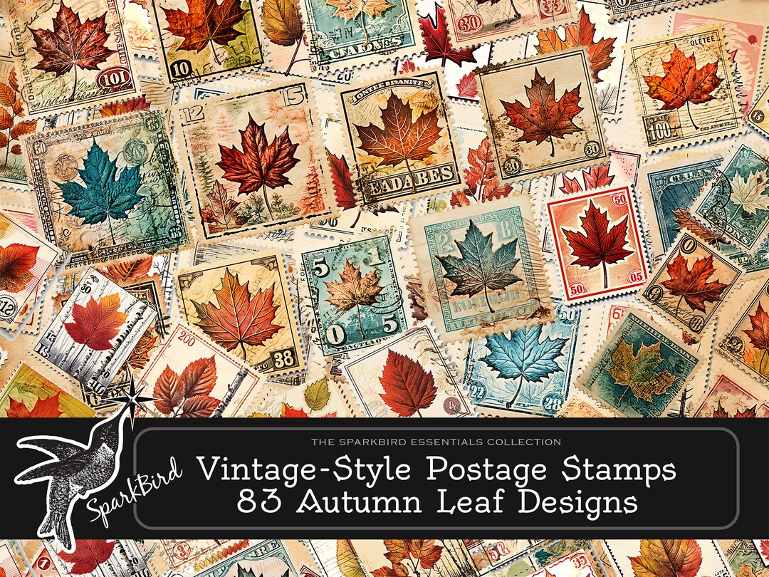 Downloadable Vintage-style Postage Stamps, 83 Charming Autumn Leaf ...