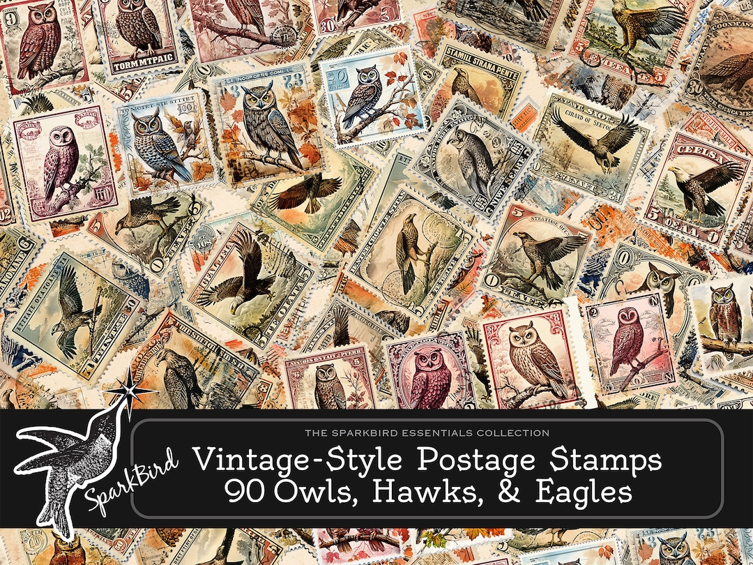 Vintage-style Printable Postage Stamps, 90 Raptors: Owls, Hawks ...