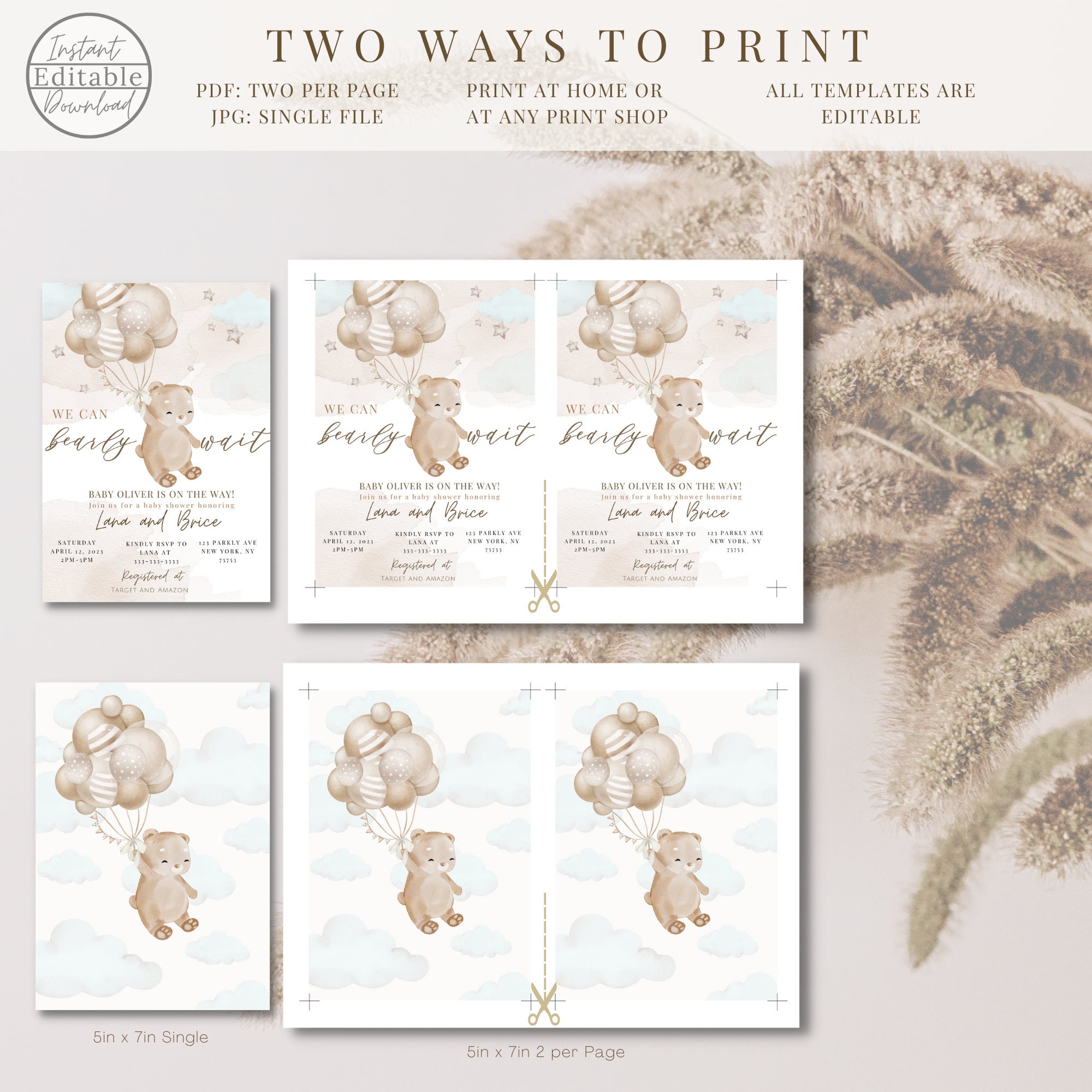 Editable Bear Balloons Neutral We Can Bearly Wait Baby Shower Template ...