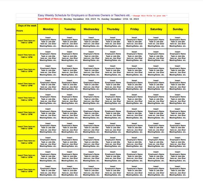 Weekly Schedule Excel Sheet File Google Sheets Downloadable Easy ...