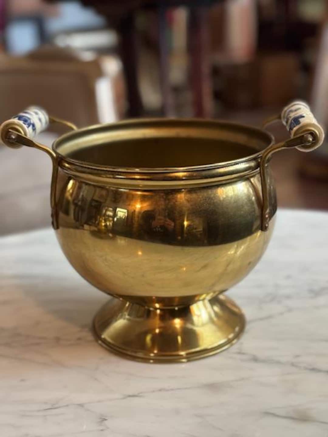 Vintage Brass Planter With Delft Blue Ceramic Handles - Etsy