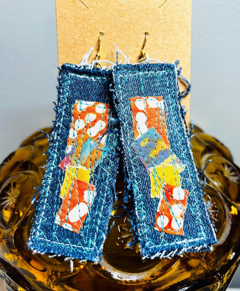 Upcycled Denim Drop Earrings, Rectangle - Etsy