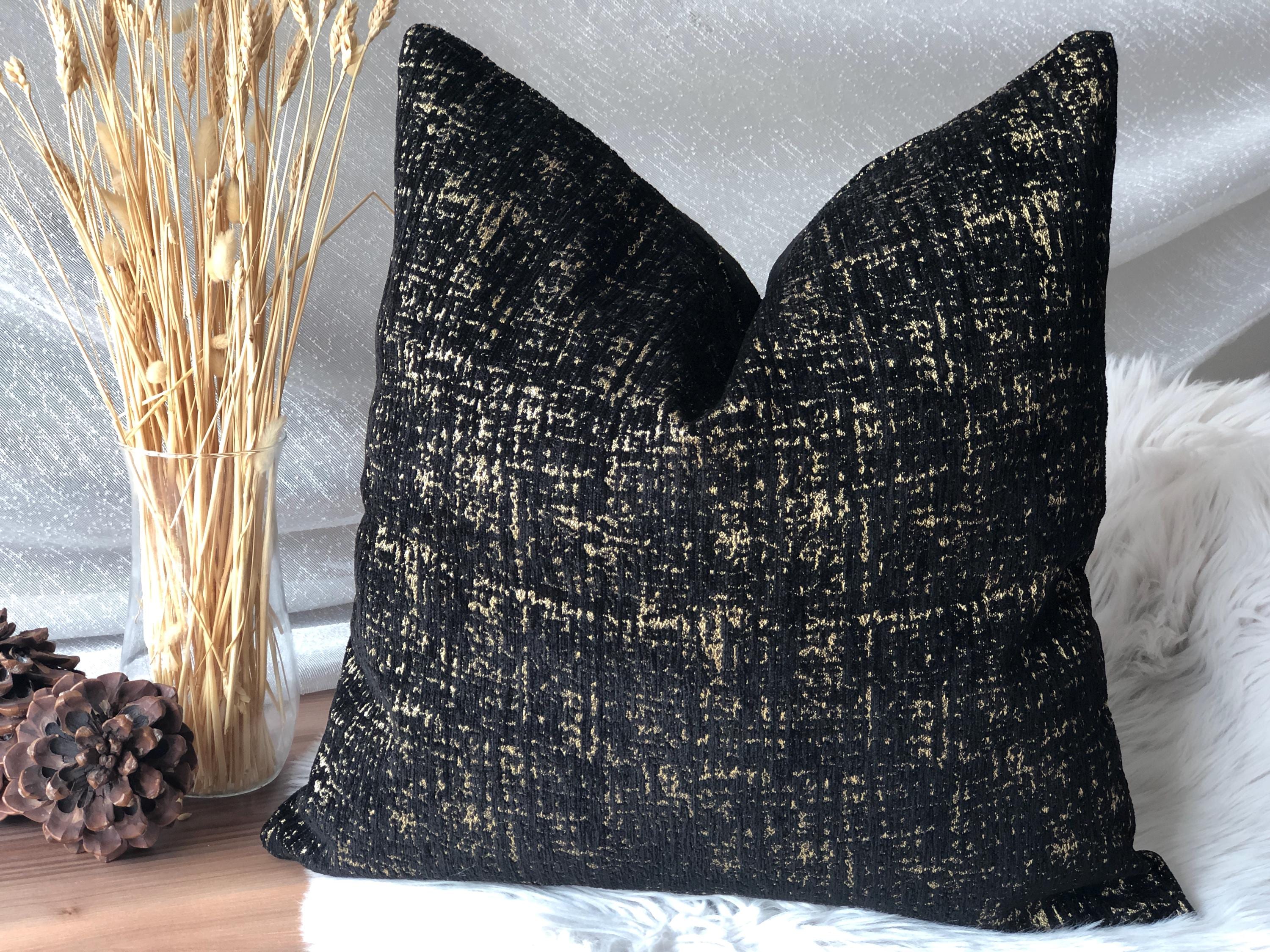 Black Gold Throw Pillow Cover, Chenille Cushion Case, Modern Velvet ...