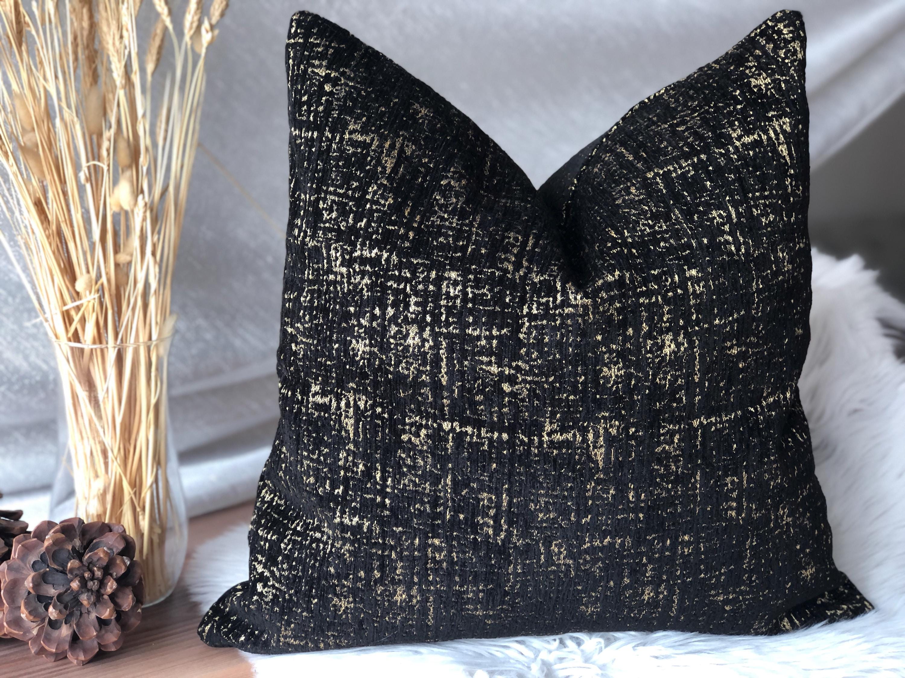 Black Gold Throw Pillow Cover, Chenille Cushion Case, Modern Velvet ...