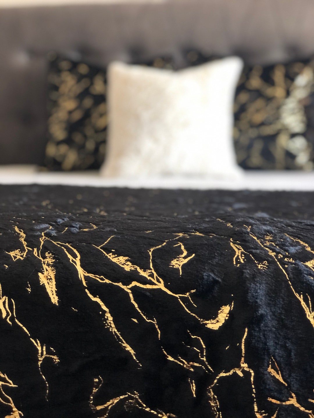 Black Gold Plush Bedspread, Handmade Quilt, Plush Cover, Bed Throw ...