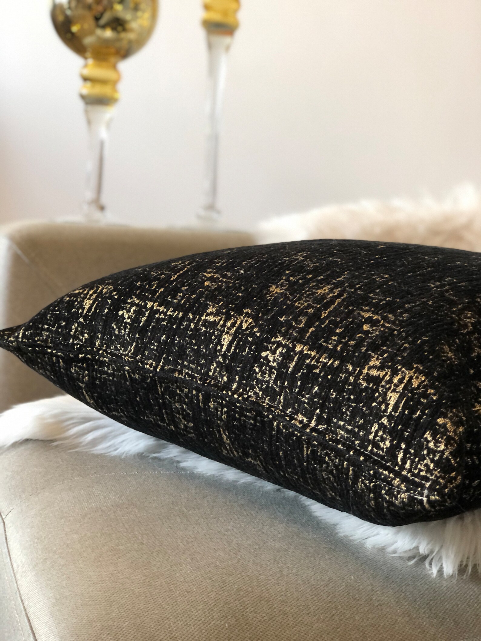 Black Gold Throw Pillow Cover, Chenille Cushion Case, Modern Velvet ...