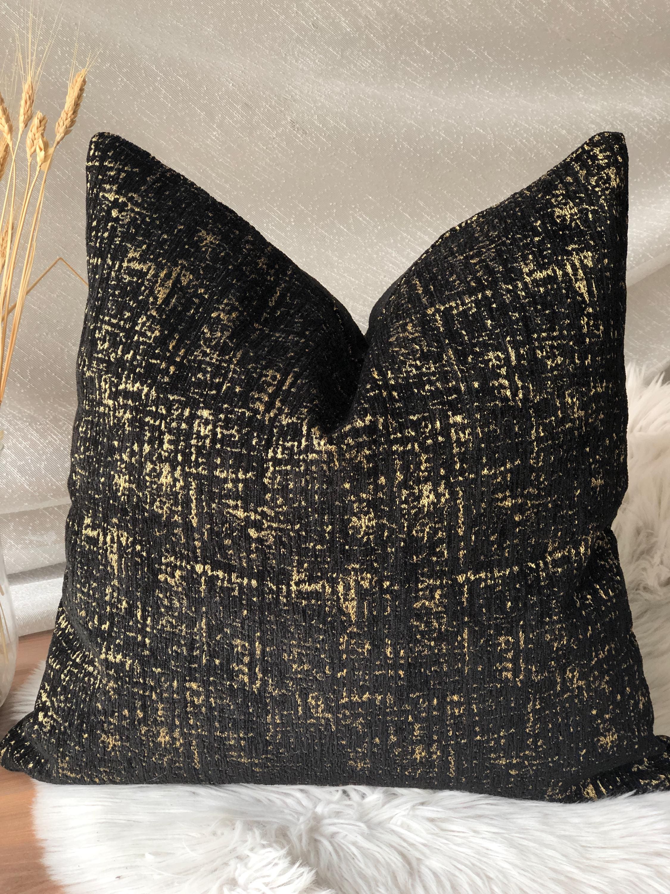 Black Gold Throw Pillow Cover, Chenille Cushion Case, Modern Velvet ...