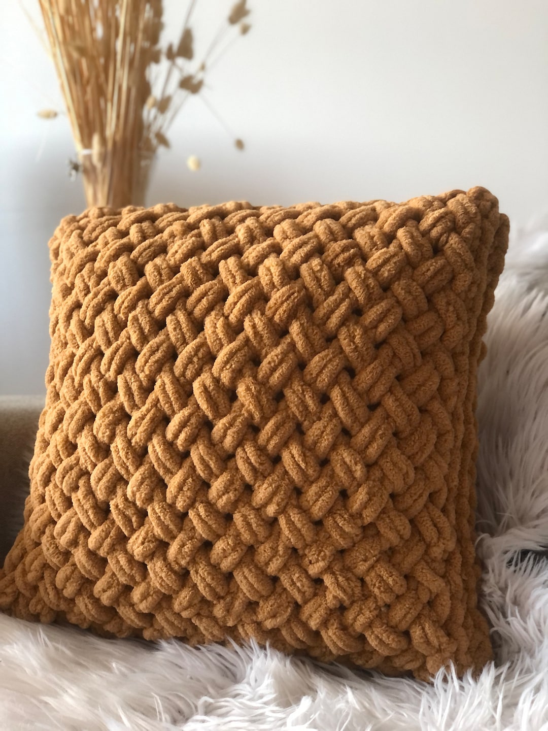 Camel Hand Knit Pillow Cover, Chunky Hand Knit Pillow Cover, Cable Knit ...