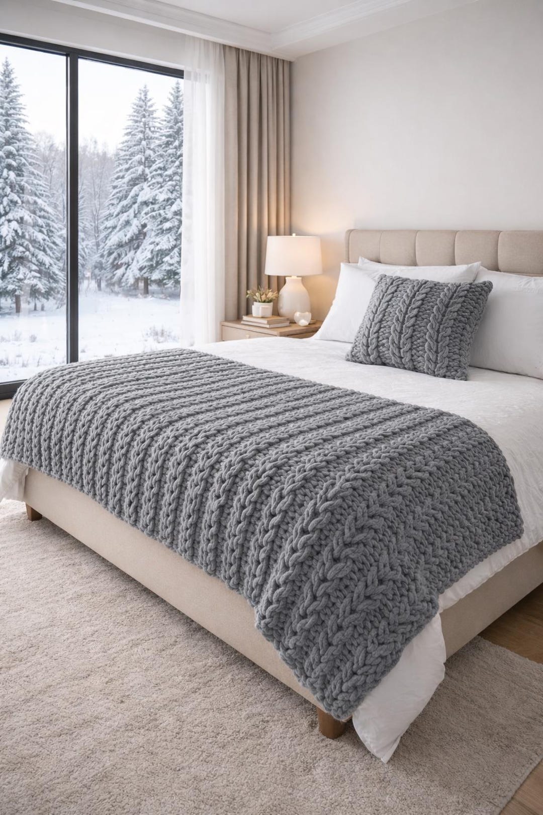 Grey Chunky Knit Throw, Soft Blanket, Hand Knit Throw, Home Decor Trend ...