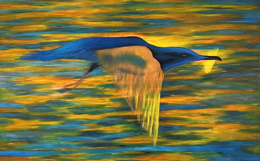 Psychedelic Bird Art, Colorful Fishing Scene Painting. Signed by the ...