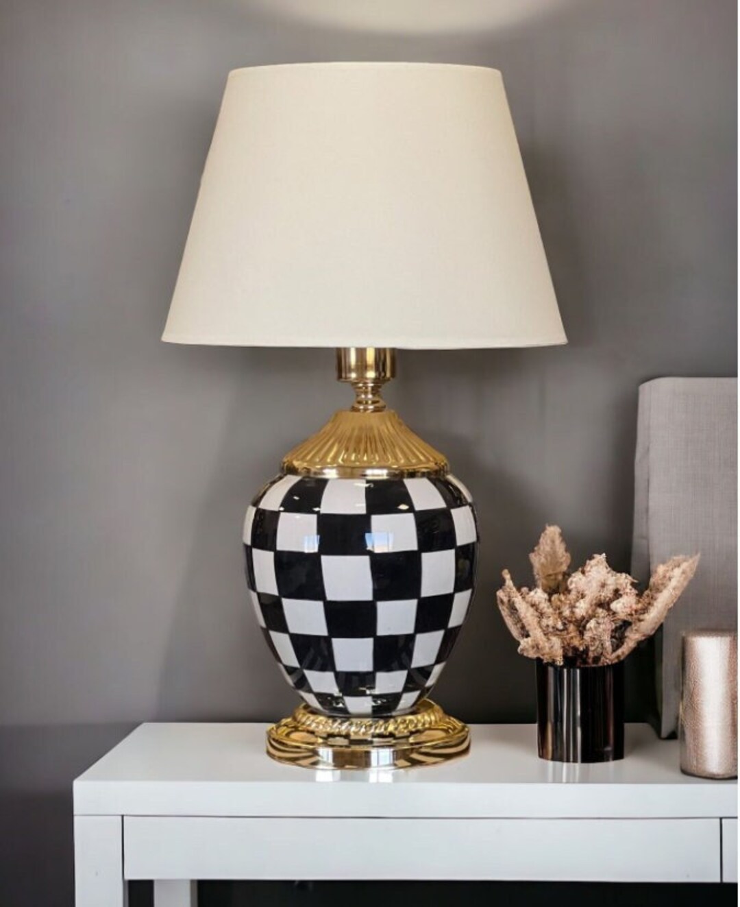 Gorgeous Checker Table Lamp Hand Painted Home Decor Ceramic ...