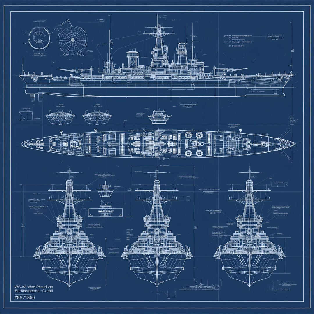 WW2 Battleship Blueprint Set | Vintage Naval Warship Prints | Military ...