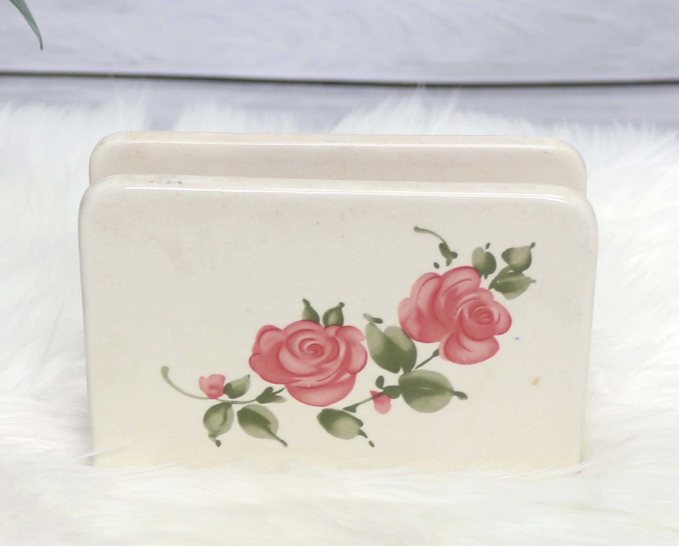 Gibson White Ceramic Napkin Holder With Pink Roses. Gibson Ceramic ...