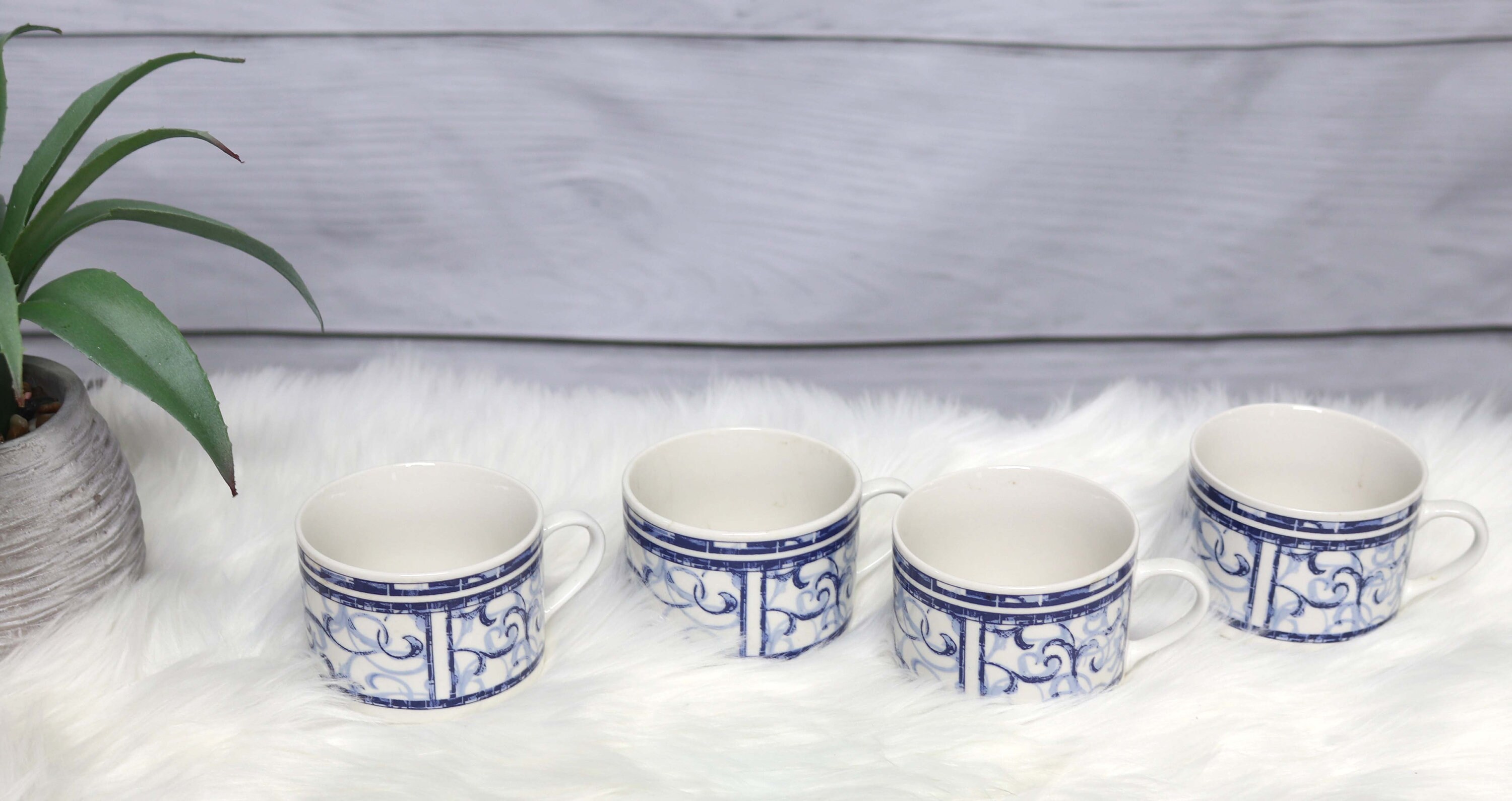4 Pc. Set Vintage Oneida Breton Blue Pattern Coffee Cup, Flat Cup ...