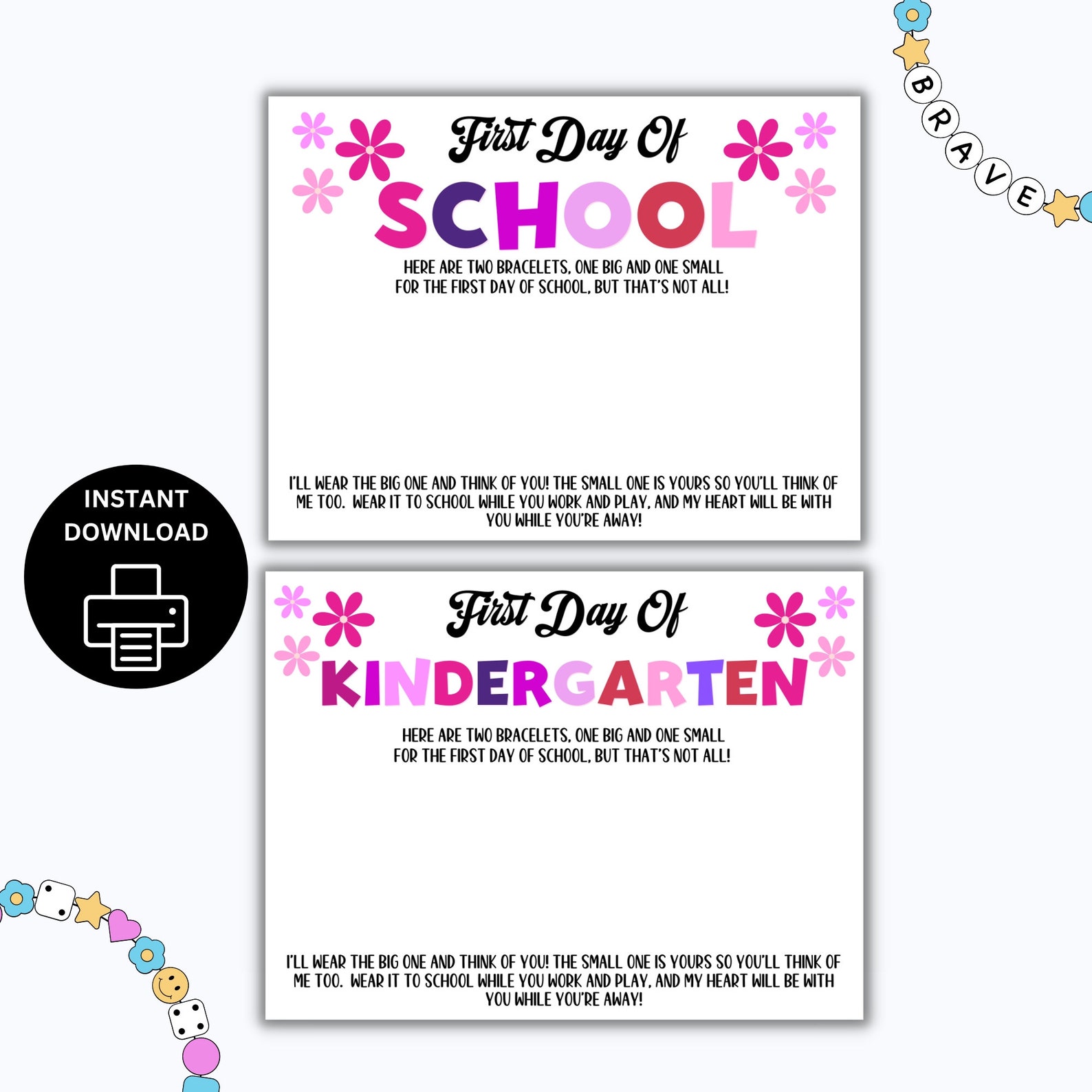 First Day of School Bracelet Poem, Printable Bracelet Backing Card ...
