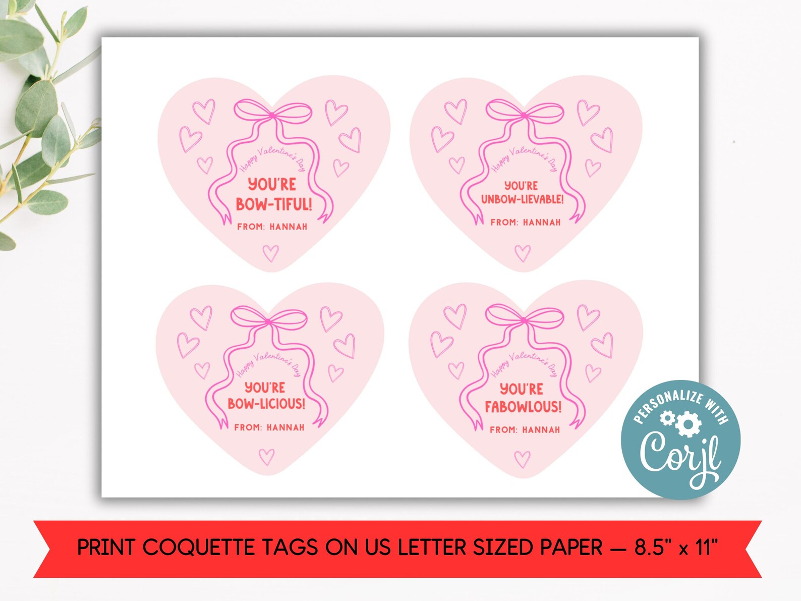 Pink Bow Valentine Printable Cards for Teens & Tweens, Editable Girly ...