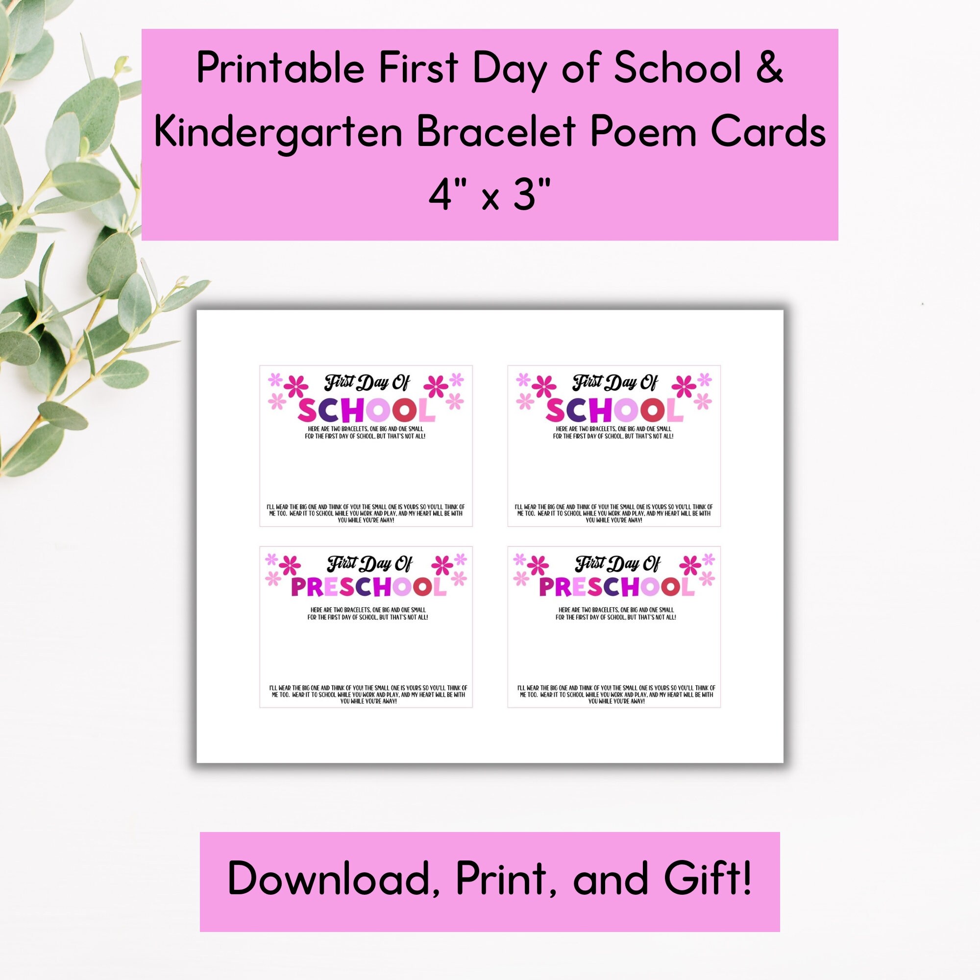 First Day of School Bracelet Poem, Printable Bracelet Backing Card ...