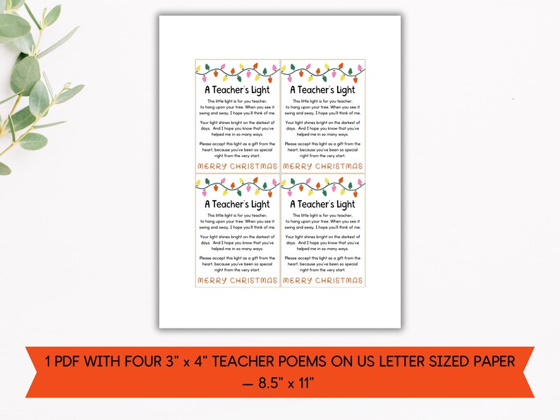 A Teacher's Light Printable Poem, Teachers Light Tag, Teacher Gift Tag ...