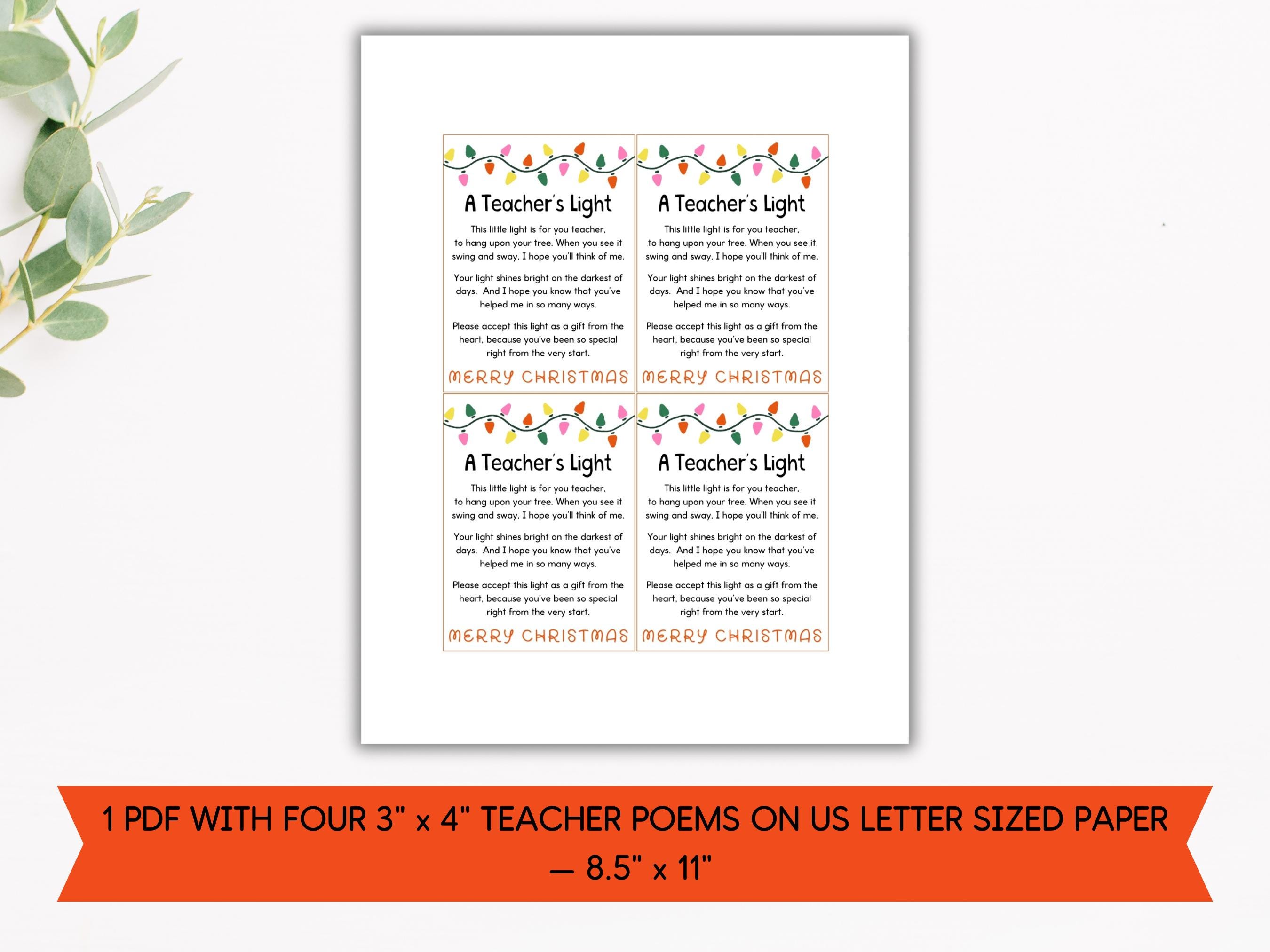 A Teacher's Light Printable Poem, Teachers Light Tag, Teacher Gift Tag ...