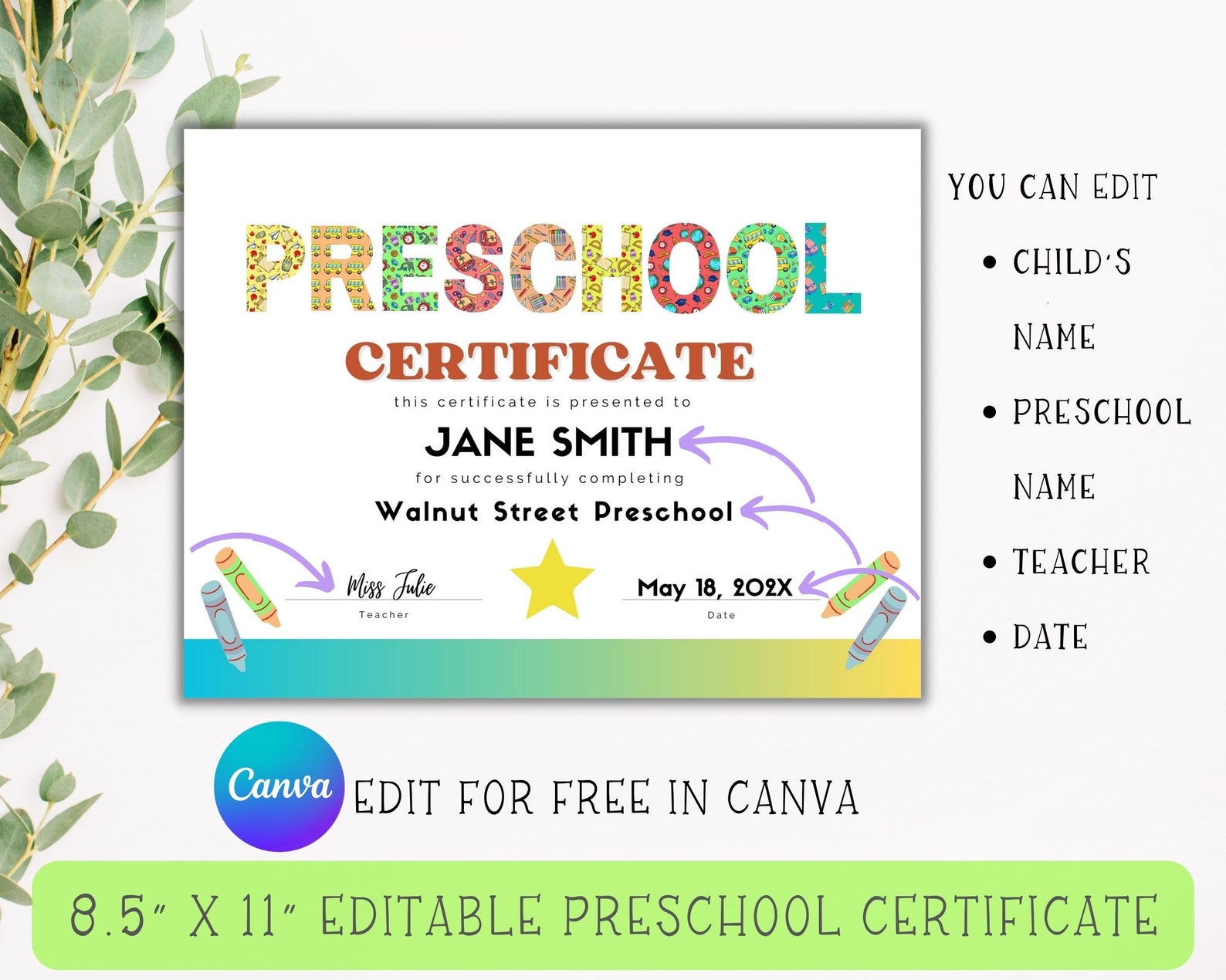 Editable Preschool Graduation Certificate | Preschool Diploma ...