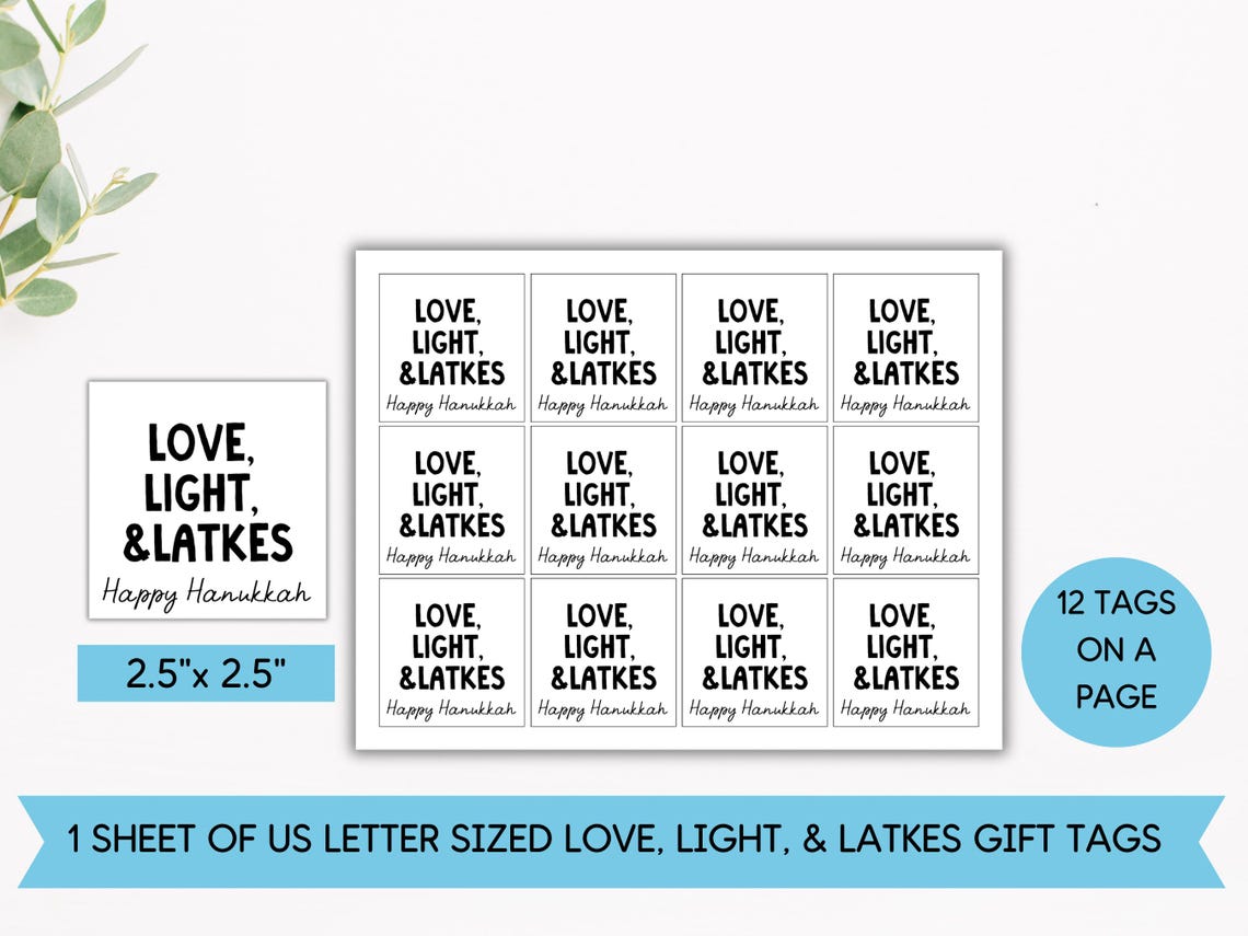 Hanukkah Love Light & Latkes Gift Tag Printable, Minimalist Hanukkah ...