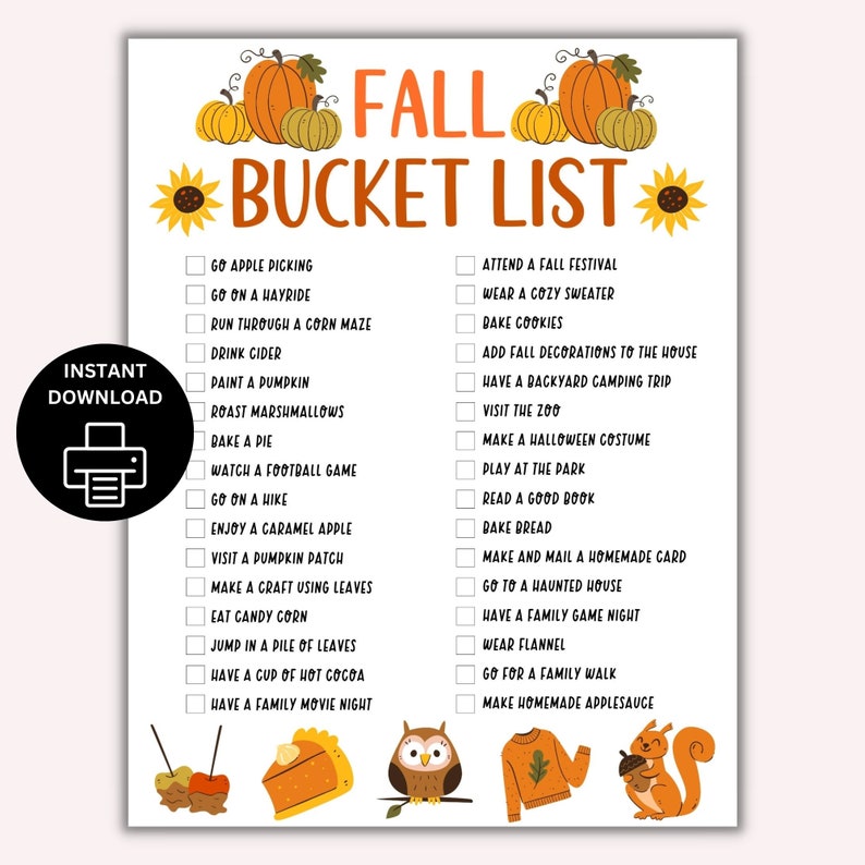Fall Bucket List Printable, Editable Fall Bucket List, Bucket List ... Fall Bucket List Printable, Editable Fall Bucket List, Bucket List ...
